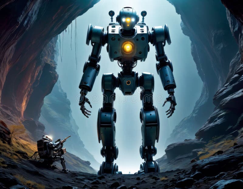 Colossal Robot Exploring a Cavern Stock Image - Image of scifi ...