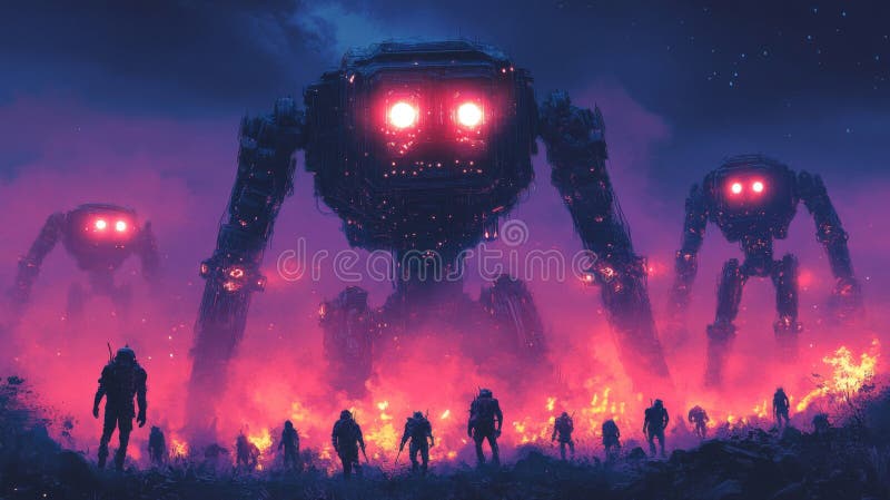 Colossal Robots Attacking in Fiery Night Scene Stock Illustration ...