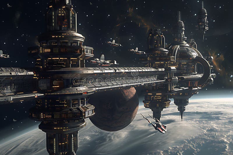 Futuristic Space Station Orbiting a Planet Stock Illustration ...