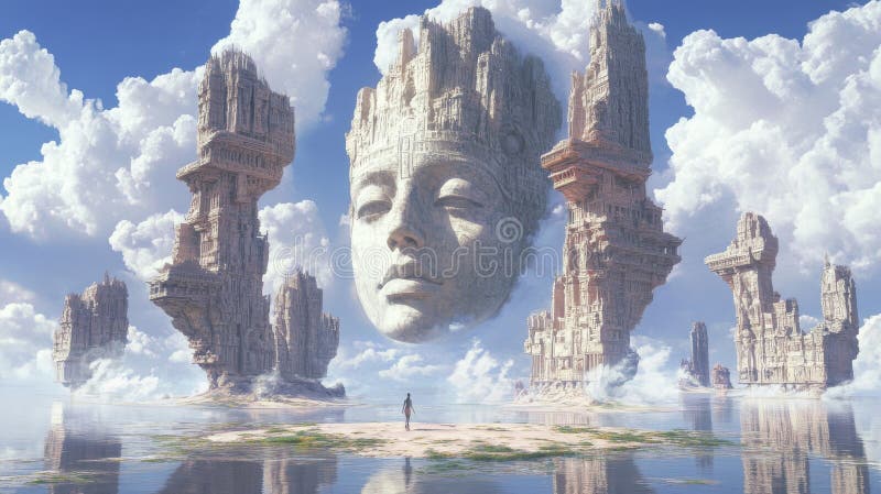 Colossal Stone Face Hovering Over Tranquil Island Landscape Stock ...