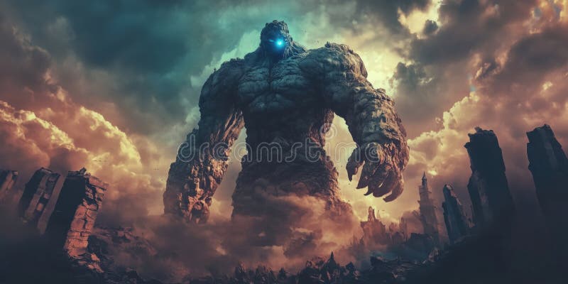 Colossal Stone Giant Towering Over a Desolate Landscape with Dramatic ...