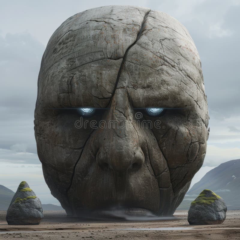 Colossal Stone Head Sculpture on Desolate Beach Stock Illustration ...