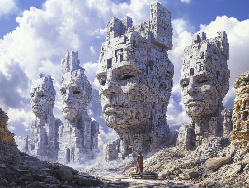Colossal Stone Statues Under a Dramatic Sky Stock Illustration ...