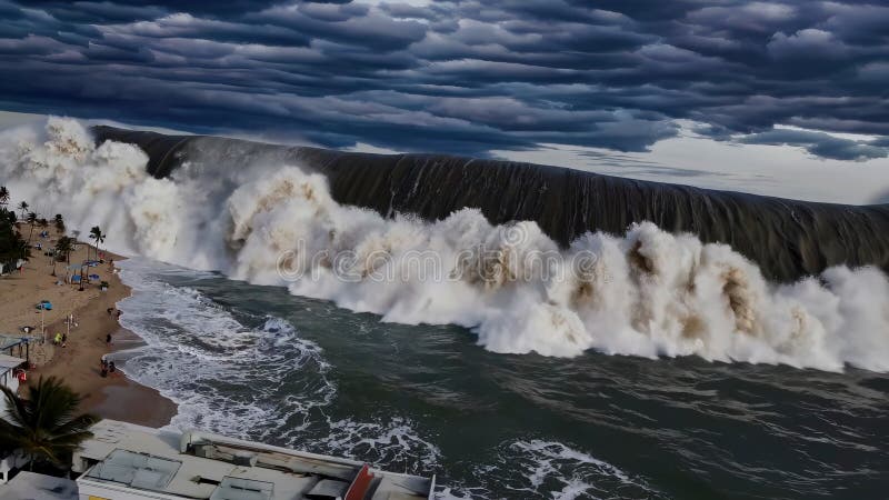 Colossal Tsunami Wave Builds Up in Distance, Surging Forward with ...