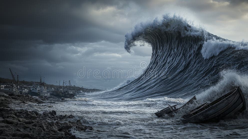 Colossal Wave Approaches Coastline Nature Scene Dramatic Ocean ...