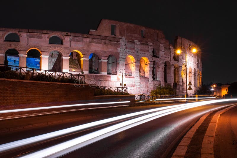 Colosseum or Coliseum at Night with Light Trail, Rome Stock Image ...