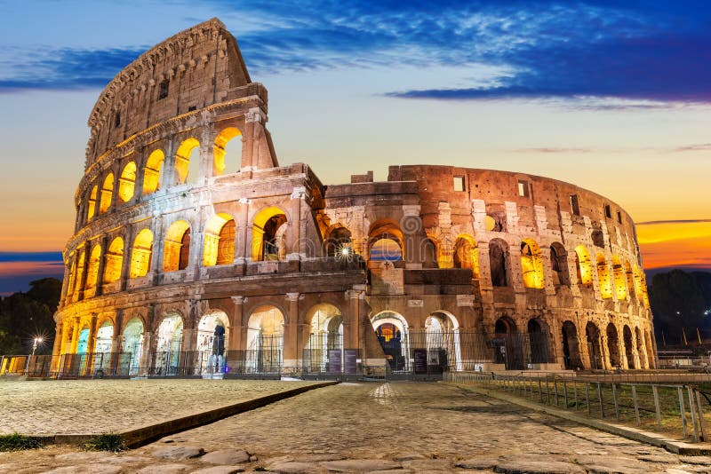 The Colosseum Illuminated at Sunrise, Front View, Rome, Italy Stock ...