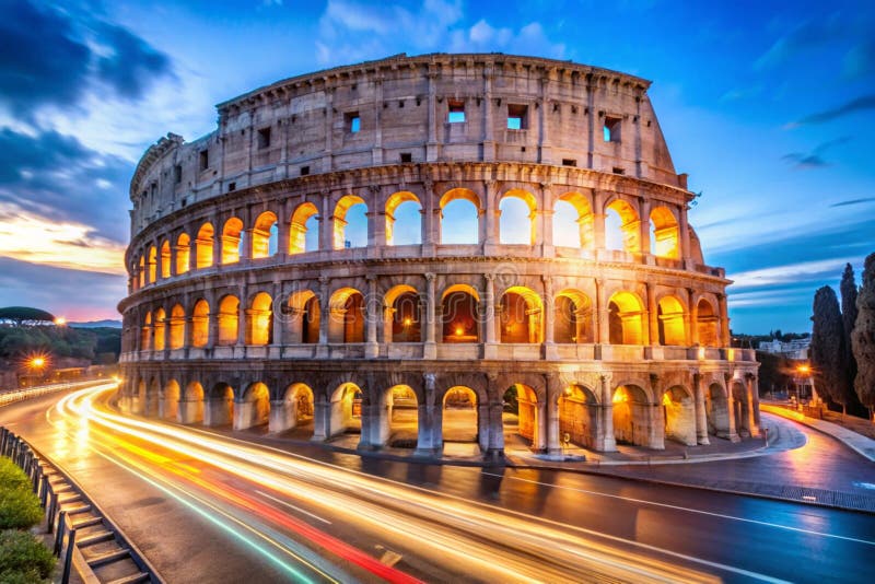 Colosseum with Light Trail Rome Stock Illustration - Illustration of ...