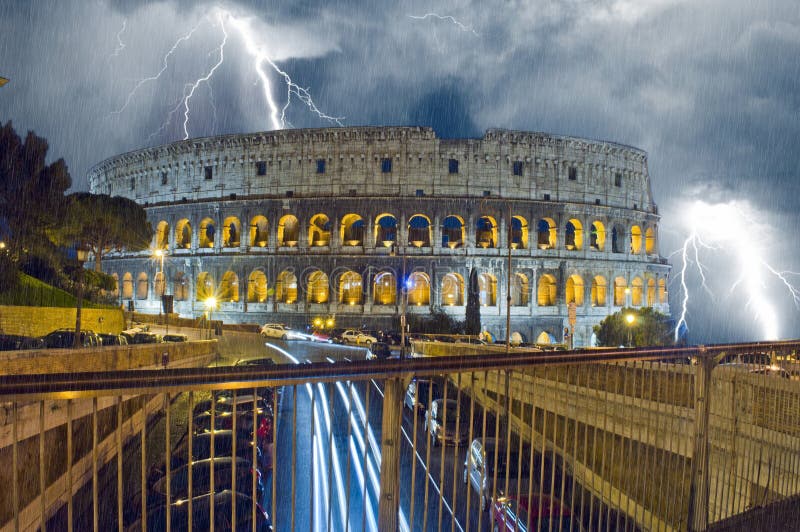 Colosseum in the Night. Raining and Lightning Editorial Image - Image ...