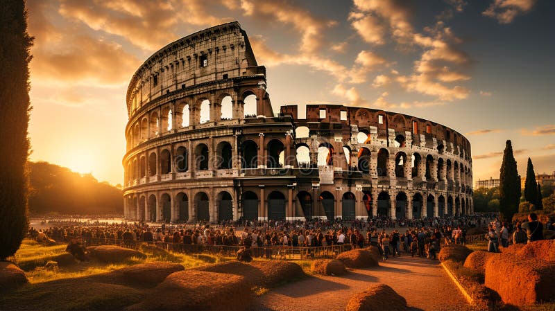 Colosseum in Rome with Crowd Gathered at Sunrise Stock Photo - Image of ...