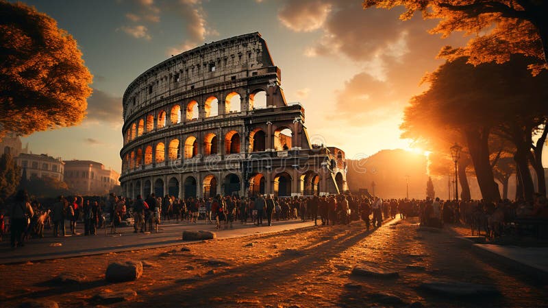 Colosseum in Rome with Crowd Gathered at Sunrise Stock Photo - Image of ...