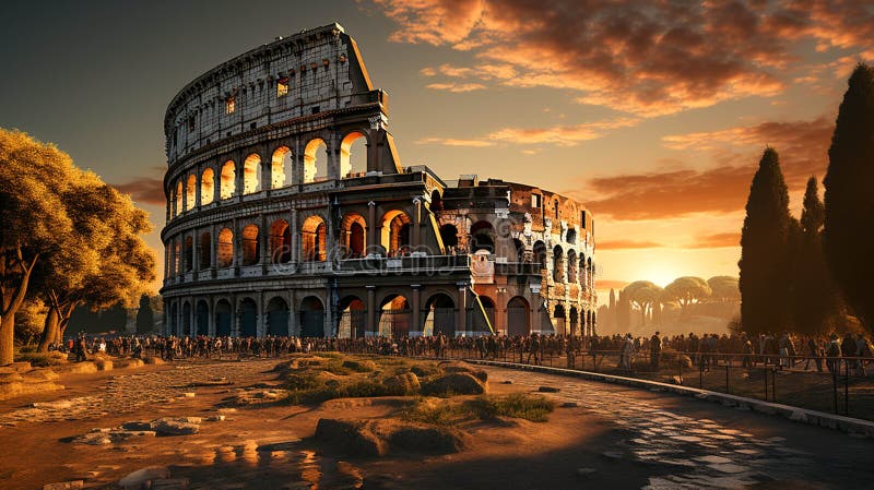 Colosseum in Rome with Crowd Gathered at Sunrise Stock Photo - Image of ...