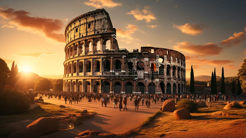 Colosseum in Rome with Crowd Gathered at Sunrise Stock Photo - Image of ...