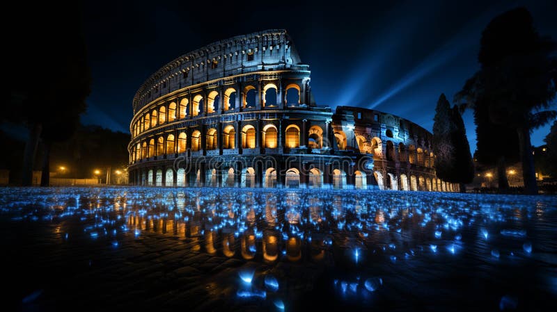 Colosseum in Rome Surrounded by Blue Flying Ribbons at Night Stock ...