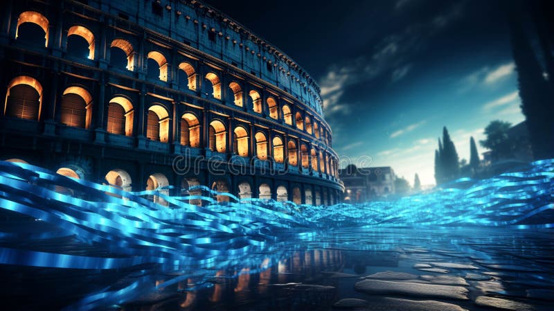 Colosseum in Rome Surrounded by Blue Flying Ribbons at Night Stock ...