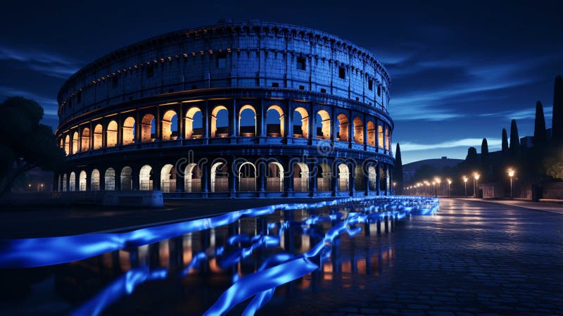 Colosseum in Rome Surrounded by Blue Flying Ribbons at Night Stock ...