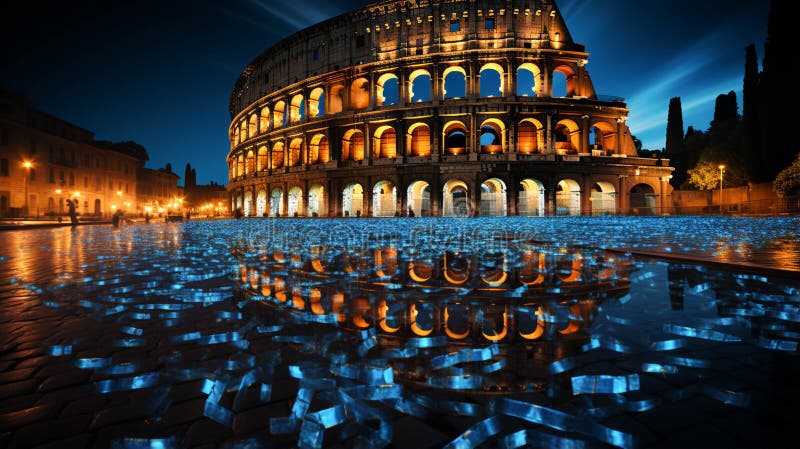Colosseum in Rome Surrounded by Blue Flying Ribbons at Night Stock ...
