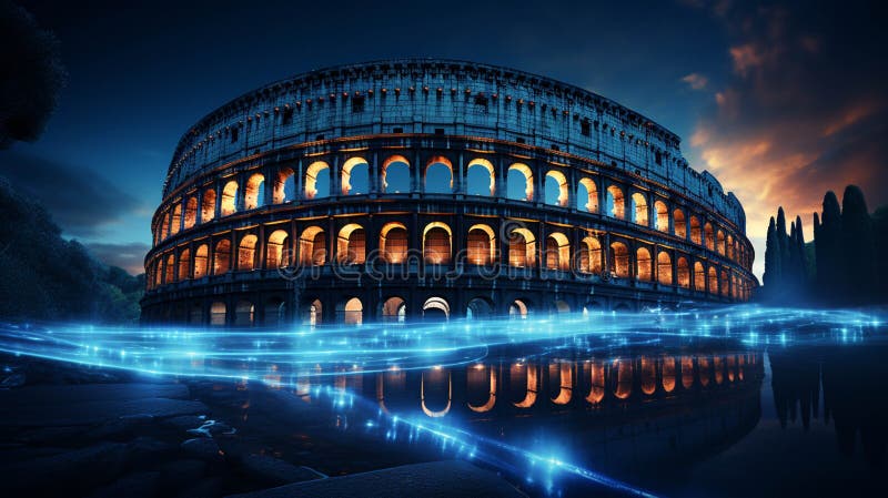 Colosseum in Rome Surrounded by Blue Flying Ribbons at Night Stock ...