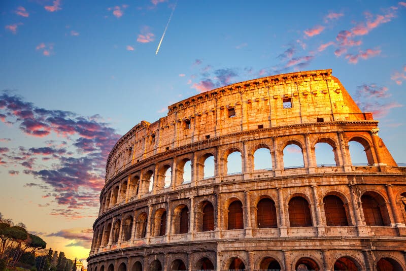 Colosseum at sunset stock photo. Image of huge, italy - 183205746