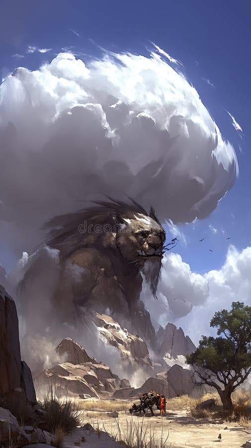 Colossus Cloud Lion Desert Scene Stock Illustration - Illustration of ...