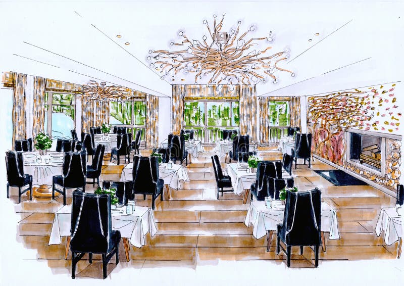 Colour Sketch of a Modern Style Hotel Dining Room. Stock Image - Image ...