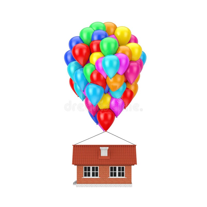 Colour Flying Balloons Up the Modern House. 3d Rendering Stock ...