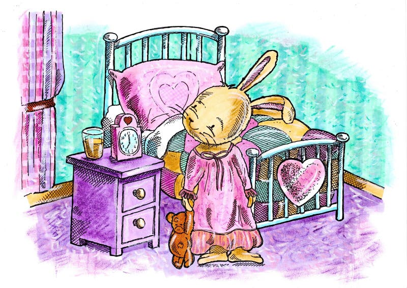 Colour Illustration of a Baby Rabbit at Bedtime. Stock Illustration ...