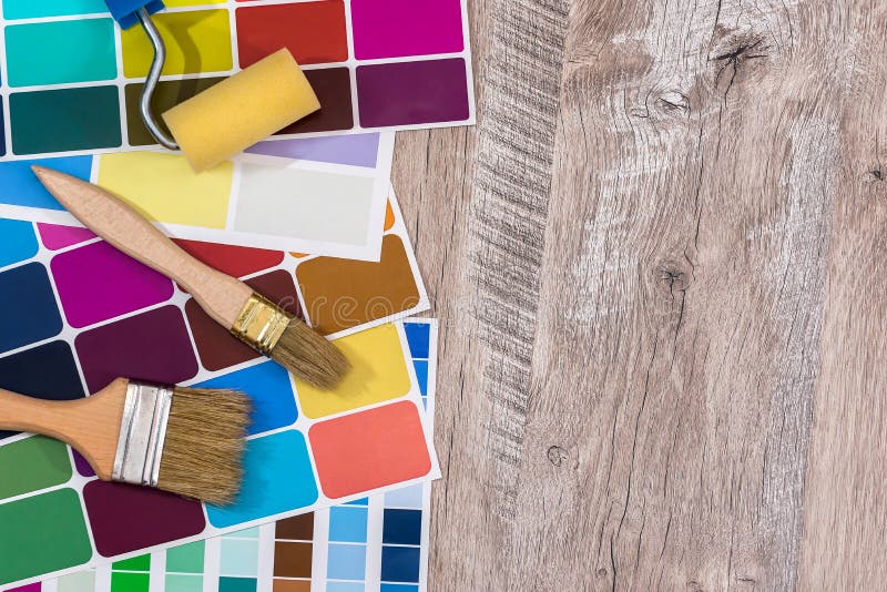 Colour Palette with Painting Tools on Wooden Background Stock Image ...