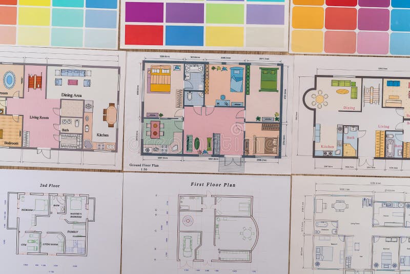 Colour Palettes with Different House Projects Closeup Stock Photo ...