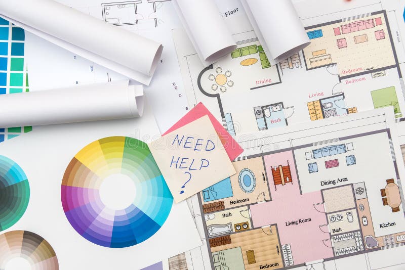 Colour Palettes with House Plan on Desk Top View. Designer Working at ...