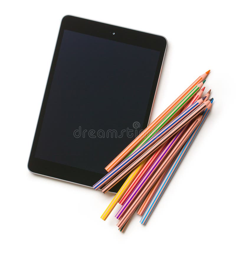 Colour Pencils and Computer Tablet Stock Image - Image of communication ...