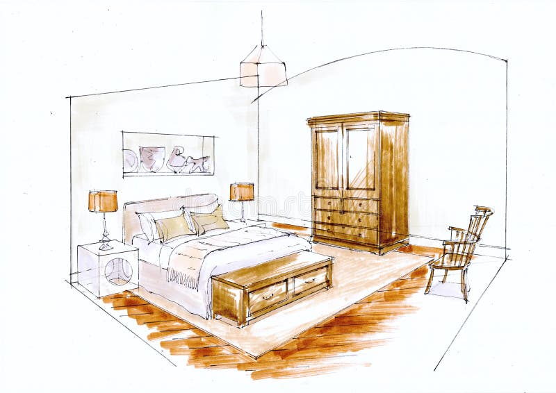 Colour Sketch of a Cottage Style Bedroom. Stock Illustration ...