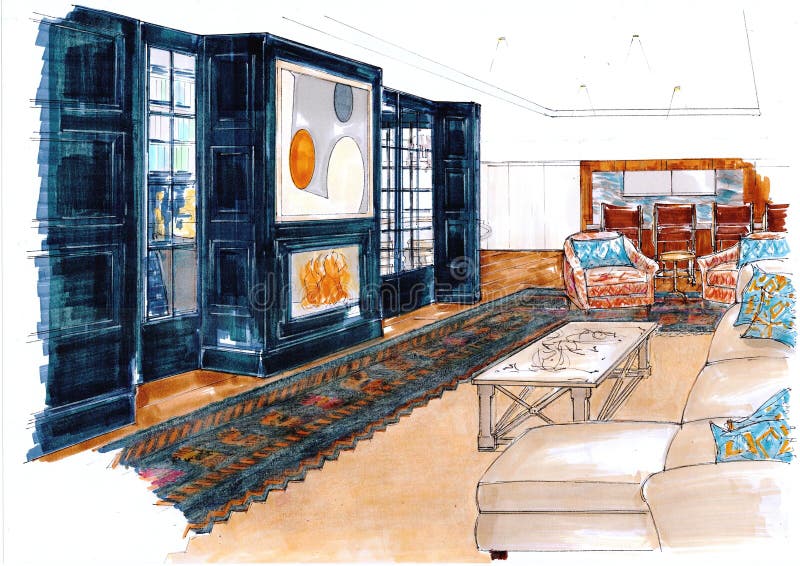 Colour Sketch of a Modern Lounge. Stock Illustration - Illustration of ...