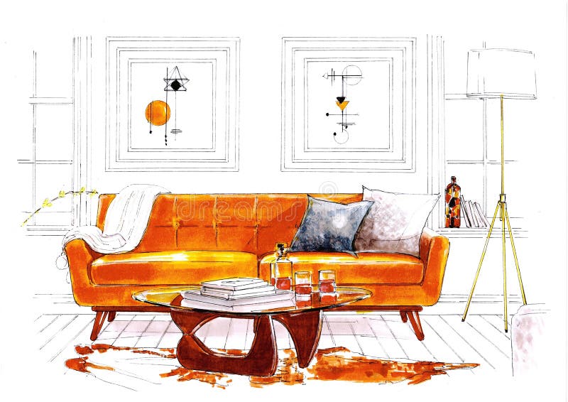 Colour Sketch of a Sofa, Coffee Table and Drinks. Stock Illustration ...