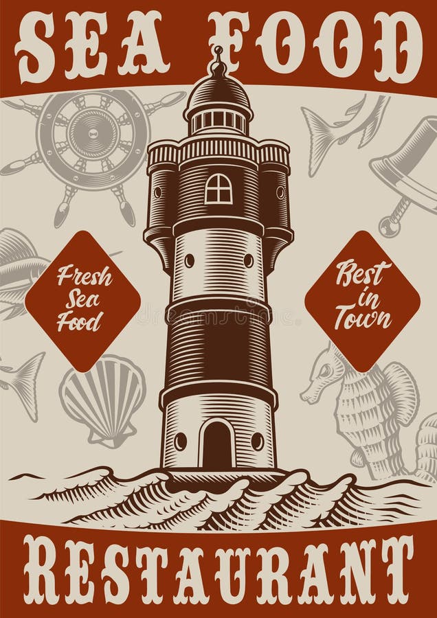 Colour Vintage Poster of the Marine Theme with Lighthouse Stock Vector ...