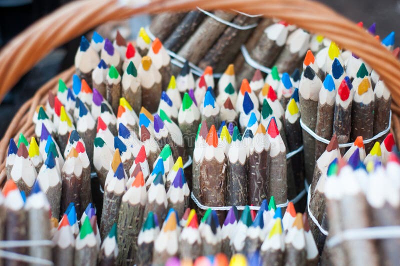 Coloured Crayons in a Basket Stock Image - Image of color, bark: 59243171
