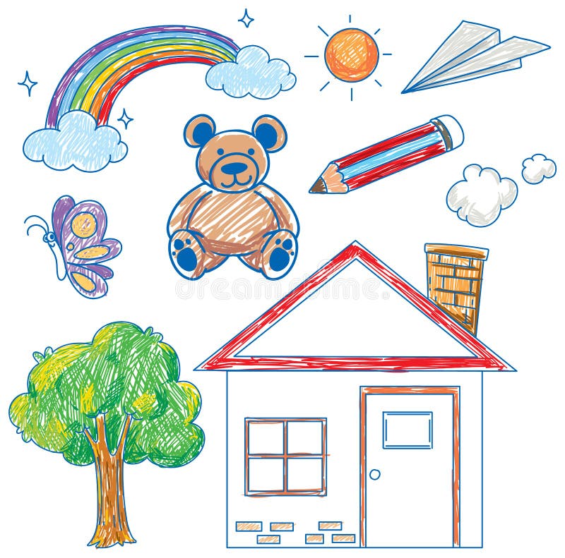 Coloured Hand Drawn House and Objects Stock Vector - Illustration of ...