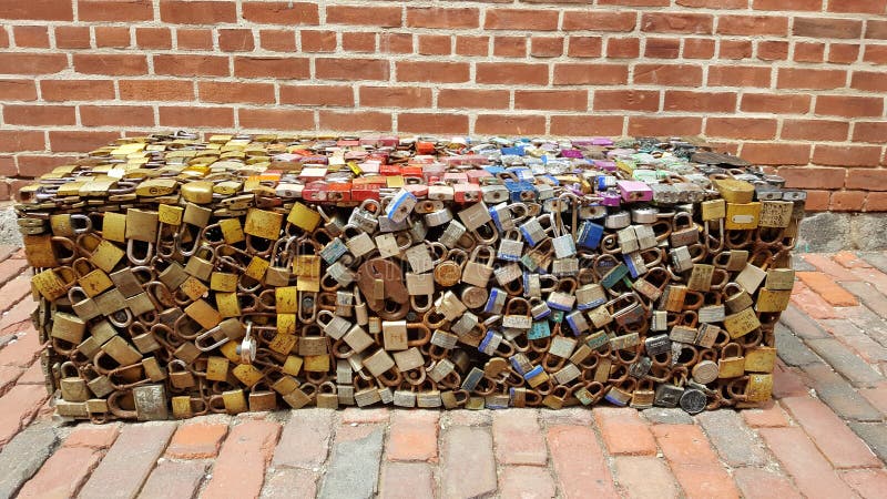 Coloured Lock Bench on Brick Boardwalk Editorial Stock Image - Image of ...