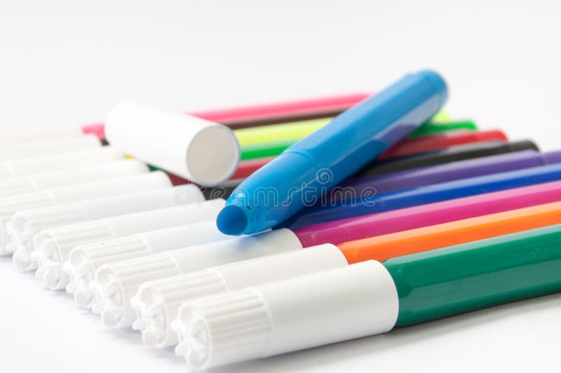 Coloured Markers and One Open on a White Background Stock Image - Image ...