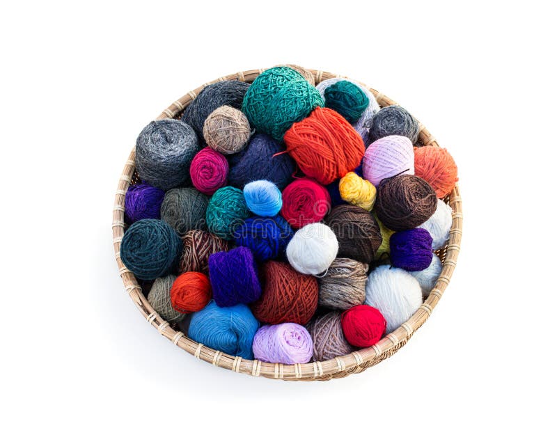 Coloured Old Thread Balls in Wicker Basket Isolated on White Stock ...