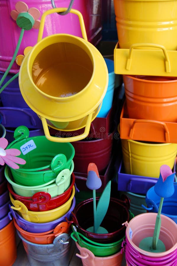 Coloured Pails and Containers Stock Photo - Image of metal, handle: 2382936