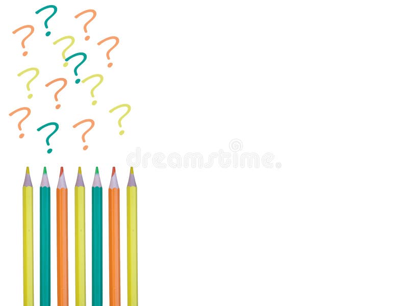 Coloured Pencils and Question Marks on White Background Stock ...