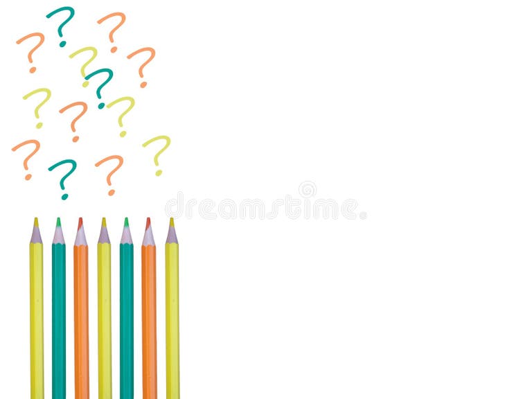 Coloured Pencils and Question Marks on White Background Stock ...