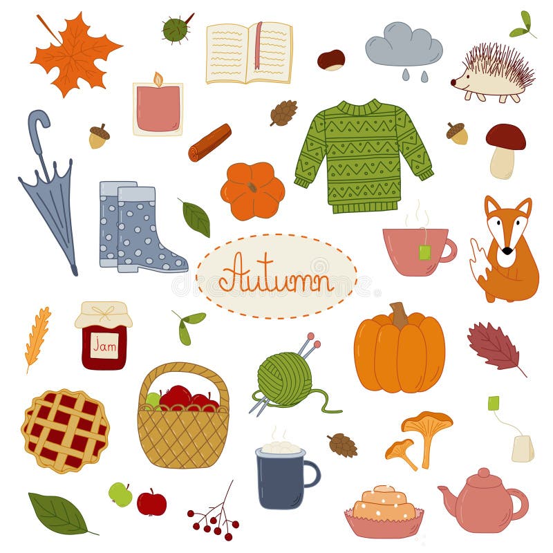 Colourful Autumn Set in Doodle Style, Cozy Fall Things, Vector Stock ...