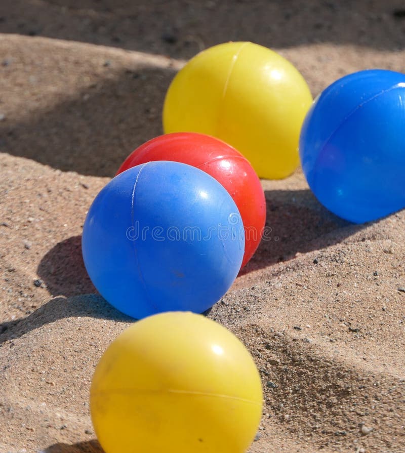 Colourful Balls and Buckets in a Childs Sandpit Stock Image - Image of ...