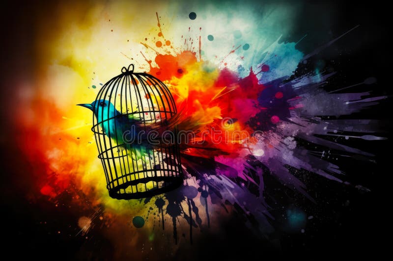 A Colourful Bird in a Cage on an Abstract Paint Splash Background ...