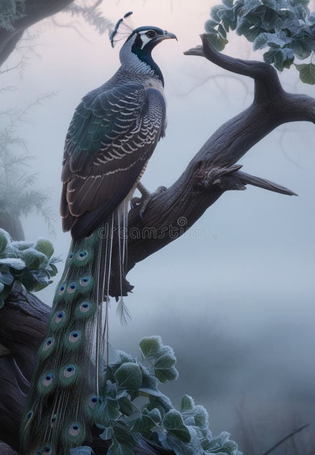Mystical Majesty: Fantasy Raptor with Peacock Feathers at Dawn Stock ...