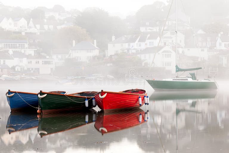 Colourful Boats in Misty Devon Harbour Stock Photo - Image of blue ...
