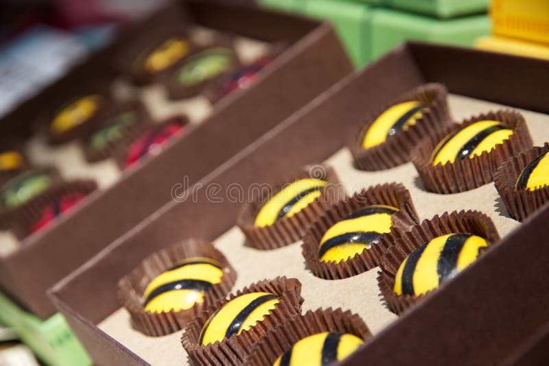 Colourful Boxed Chocolates on Display on Table in Market Stock Photo ...