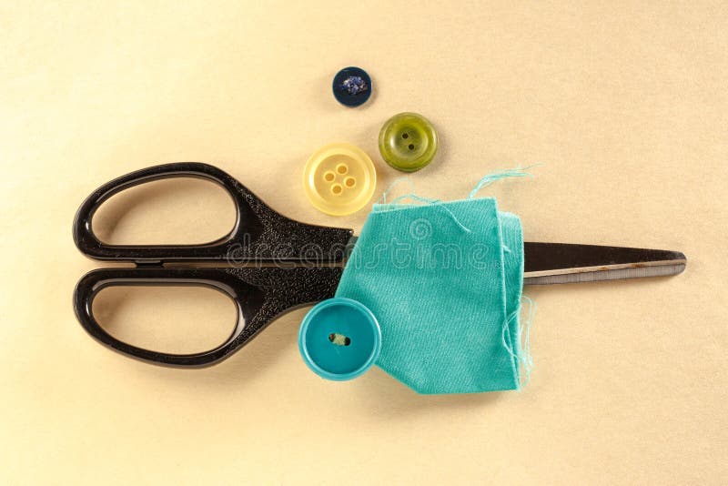 Colourful Buttons, Scissors and Cloth Stock Photo - Image of round ...